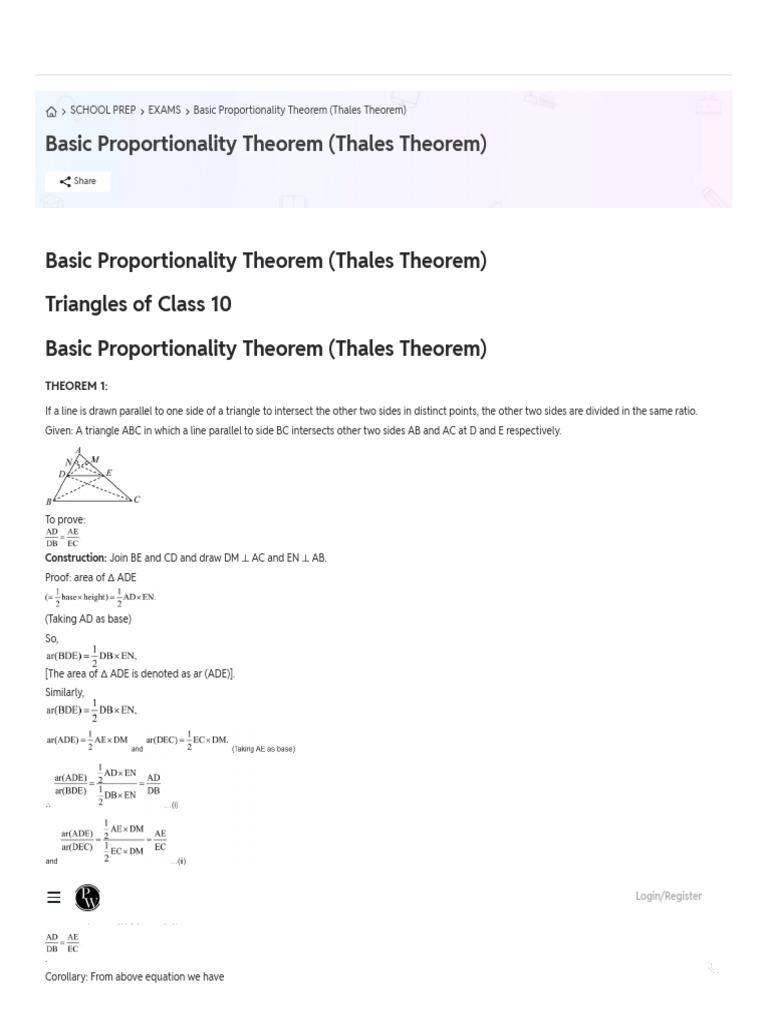 Basic Proportionality Theorem (Thales Theorem) | PDF | Elementary Mathematics | Euclidean Plane ...