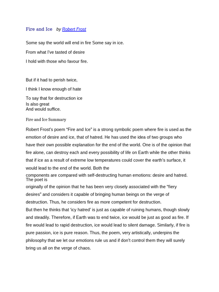 Fire and Ice Poem - Summary and Question Answers PDF | PDF | Hatred | Ice
