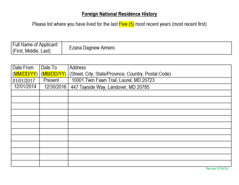 Foreign National Residence History Form | PDF