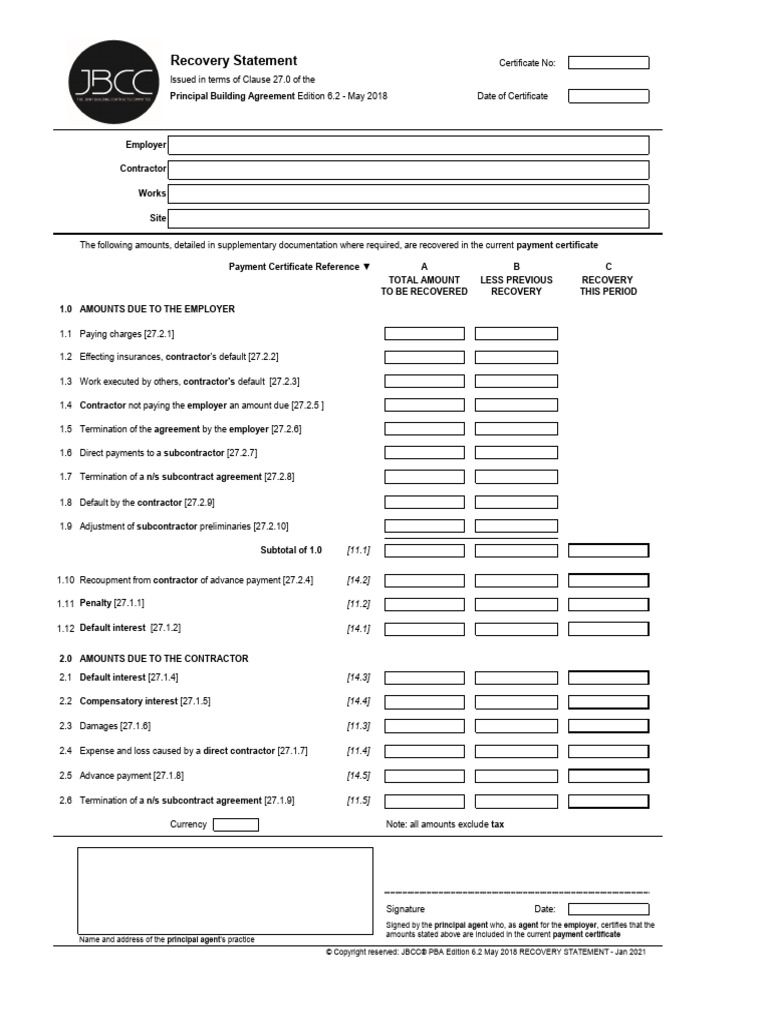 Payment Recovery Statement Template | PDF | Subcontractor | Interest