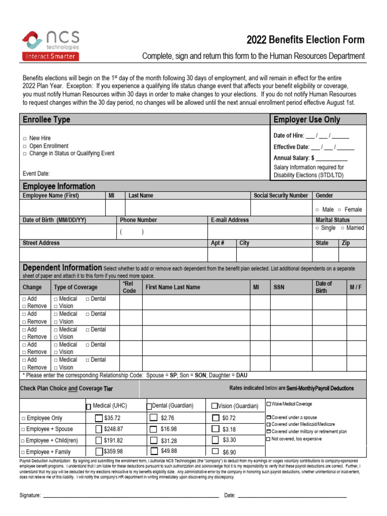NCS Technologies_Final Enrollment Form_20220301 | PDF | Payroll | Employee Relations