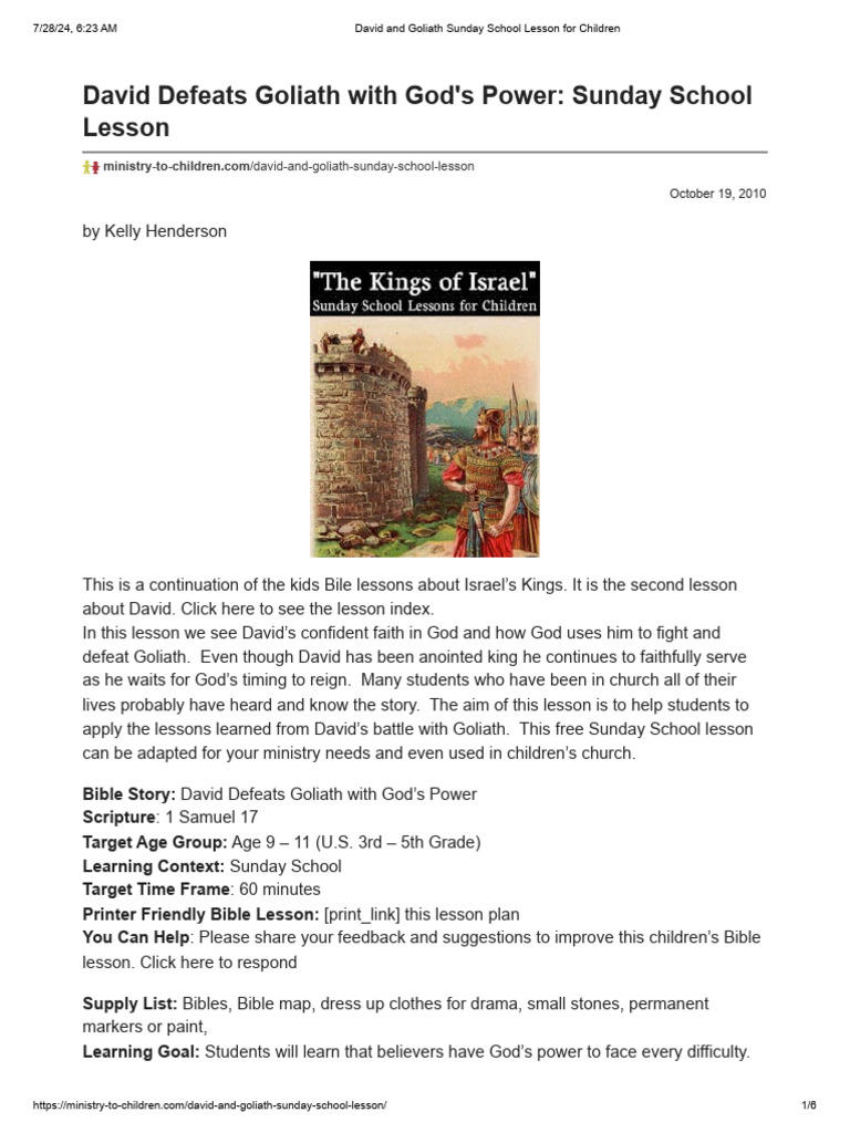 David and Goliath Sunday School Lesson For Children 1 | PDF | David ...