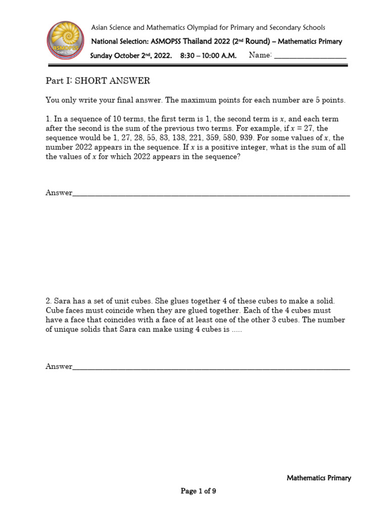 National Selection ASMOPSS Thailand 2022 (2nd Round – Mathematics ...