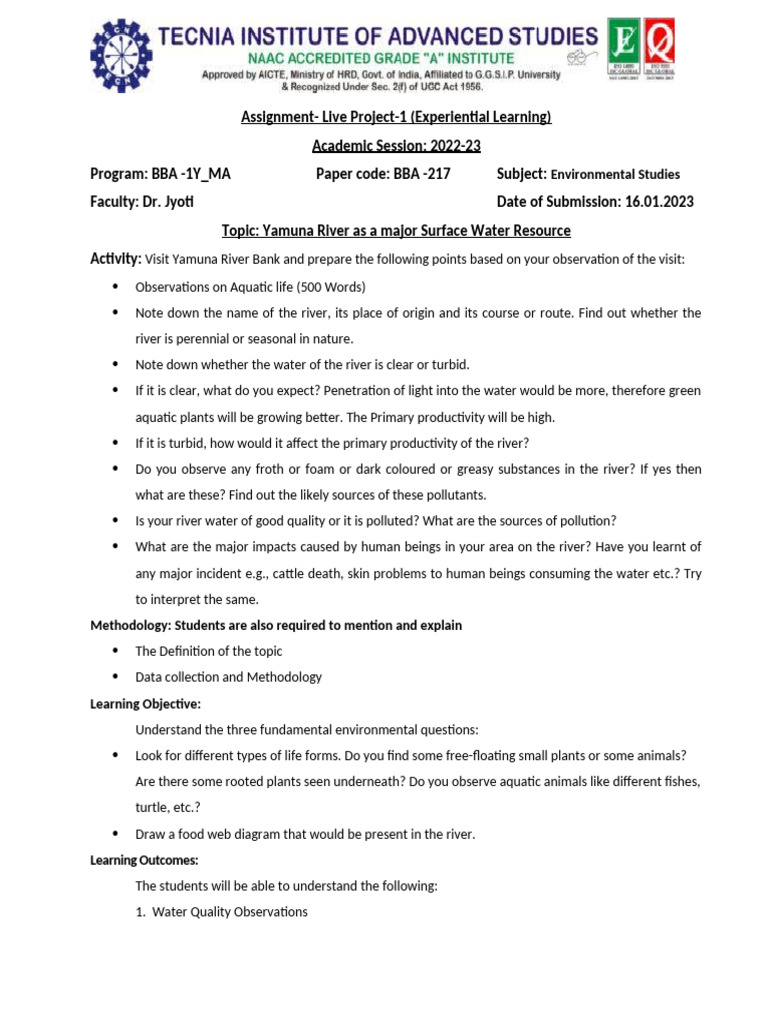 Assignment (Live Project) Experiential Learning EVS BBA 3rd Sem MA | PDF