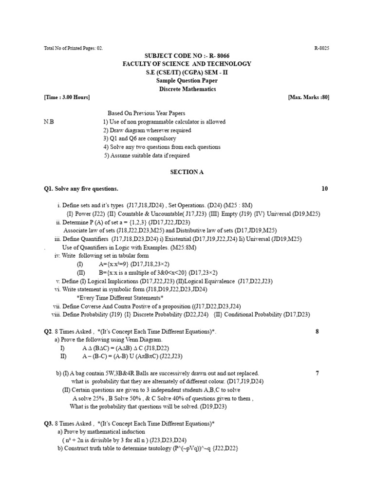 Discrete Mathematics Sample Question Paper | PDF | Logic | Mathematics