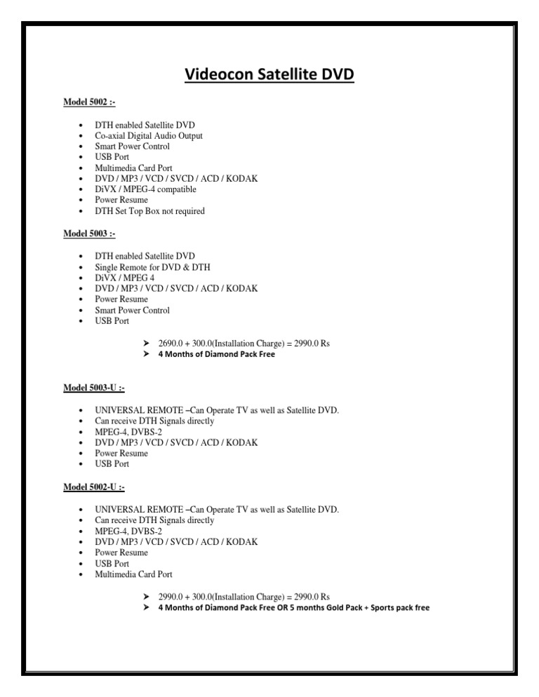 Videocon Satellite DVD Models Overview | PDF | Computers