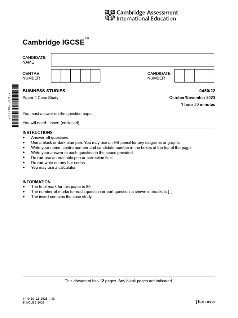 Cambridge IGCSE Business Studies Case Study | PDF