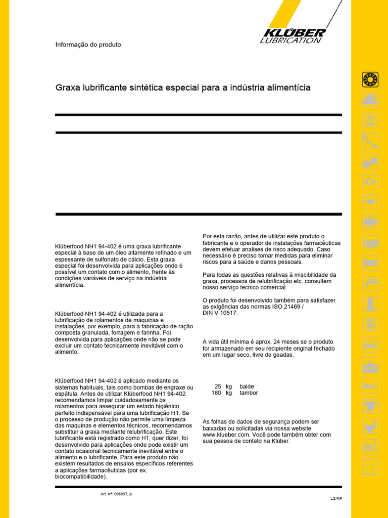 Graxa Lubrificante Klüberfood NH1 94-402 | PDF | Óleo de motor ...