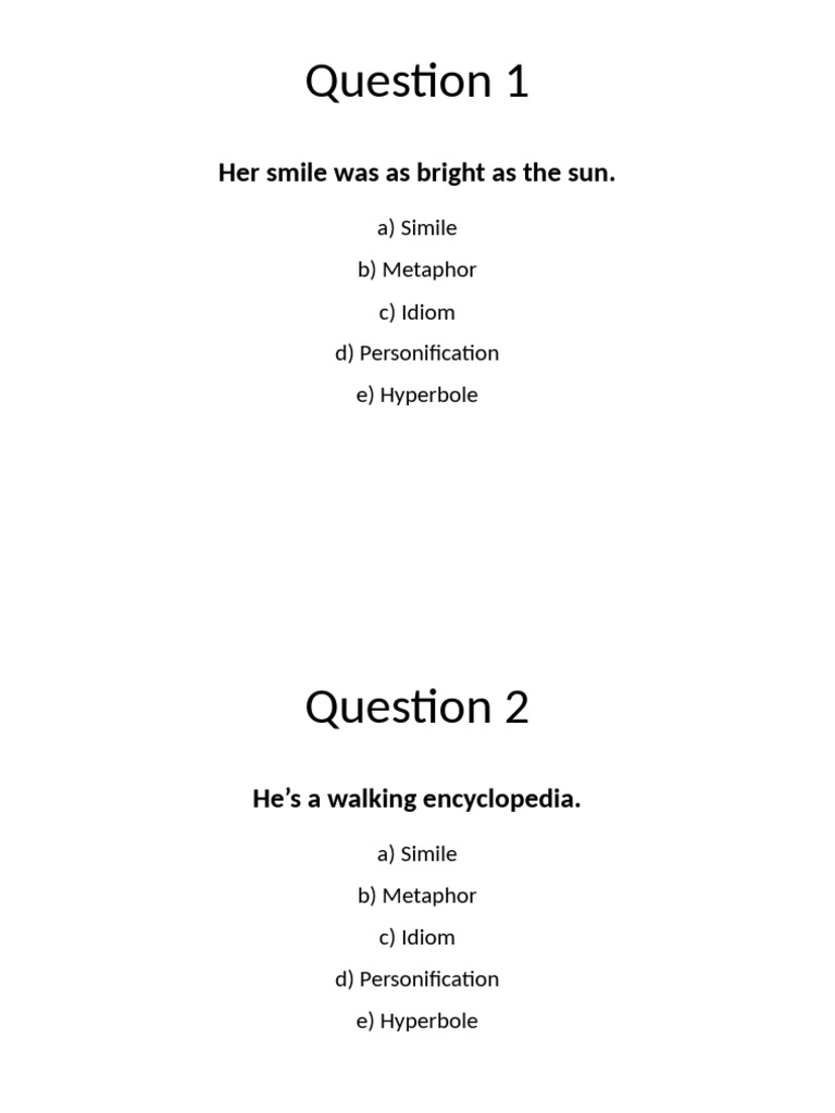 Figurative Language Quiz 20 Items Updated | PDF | Metaphor | Lexical ...