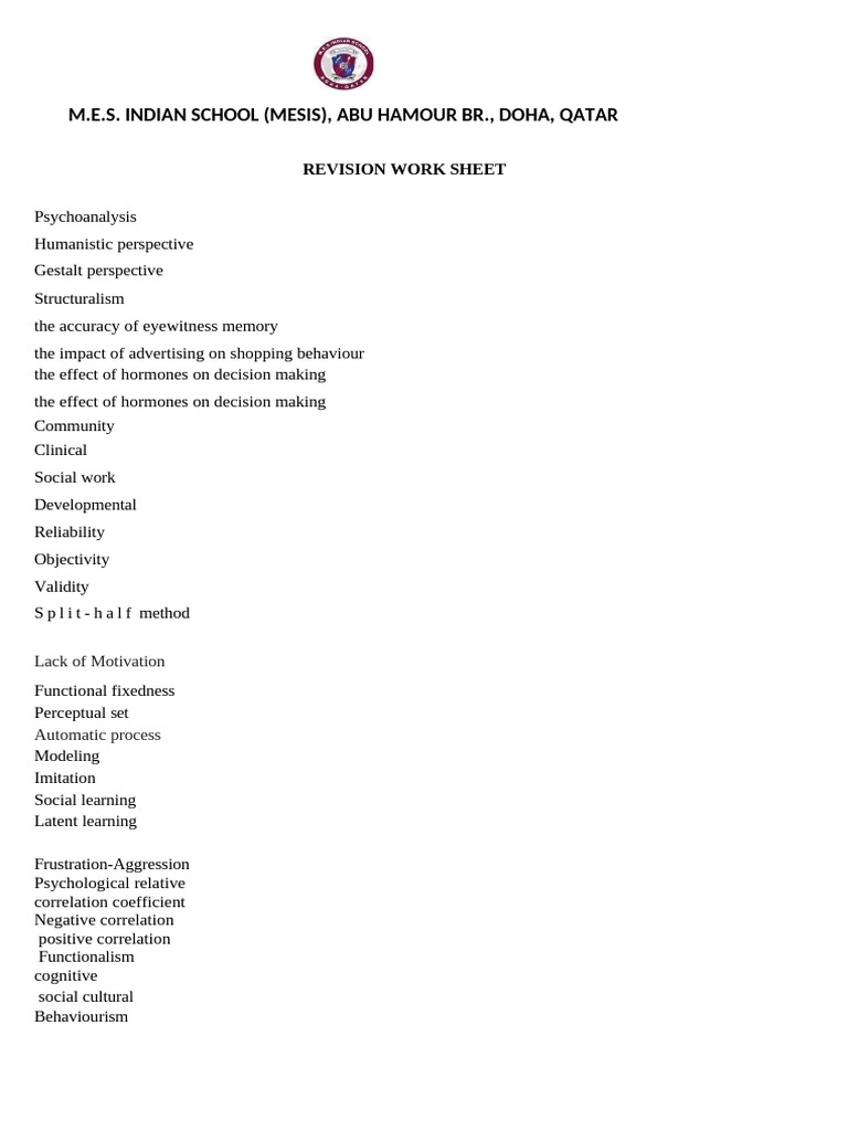 Revision Worksheet, Class 11 Model Exam | PDF | Psychology | Perception