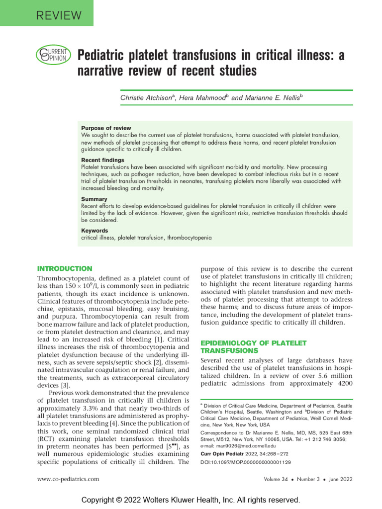 Pediatric Platelet Transfusions Review | PDF | Blood Transfusion | Platelet