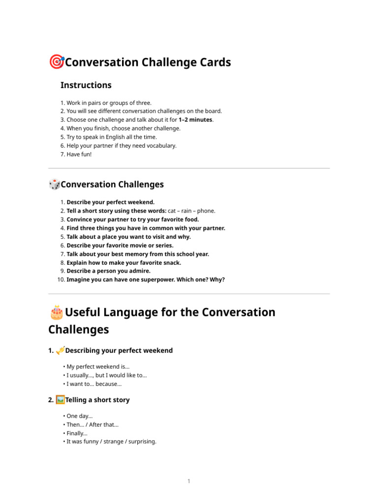 Conversation Challenge Cards for ESL | PDF | Chess Openings | Chess Theory
