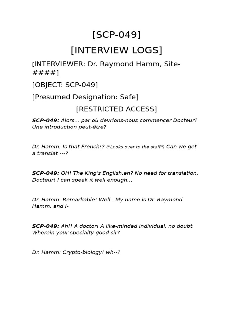 (SCP-049) (Interview Logs) | PDF