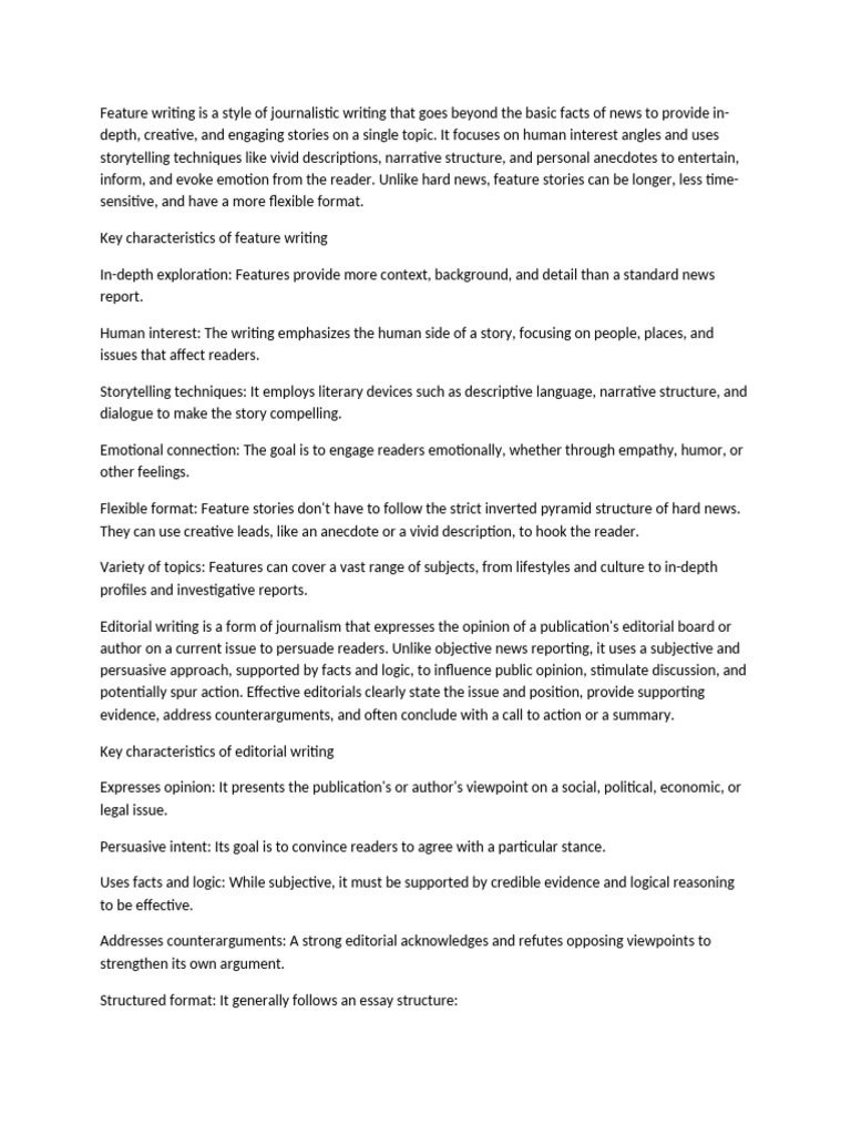 Understanding Feature and Editorial Writing | PDF | News | Narrative