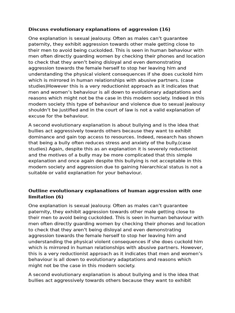 Discus Evolutionary Explanations of Aggression | PDF | Bullying ...