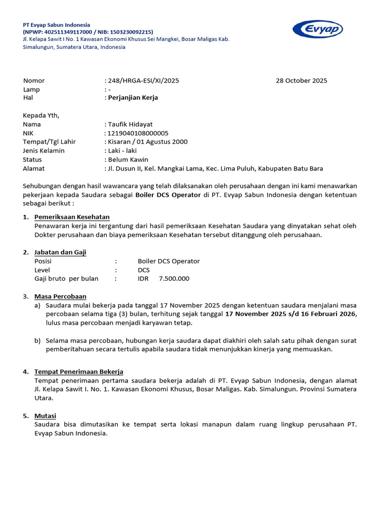 Offer Letter - Taufik Hidayat | PDF