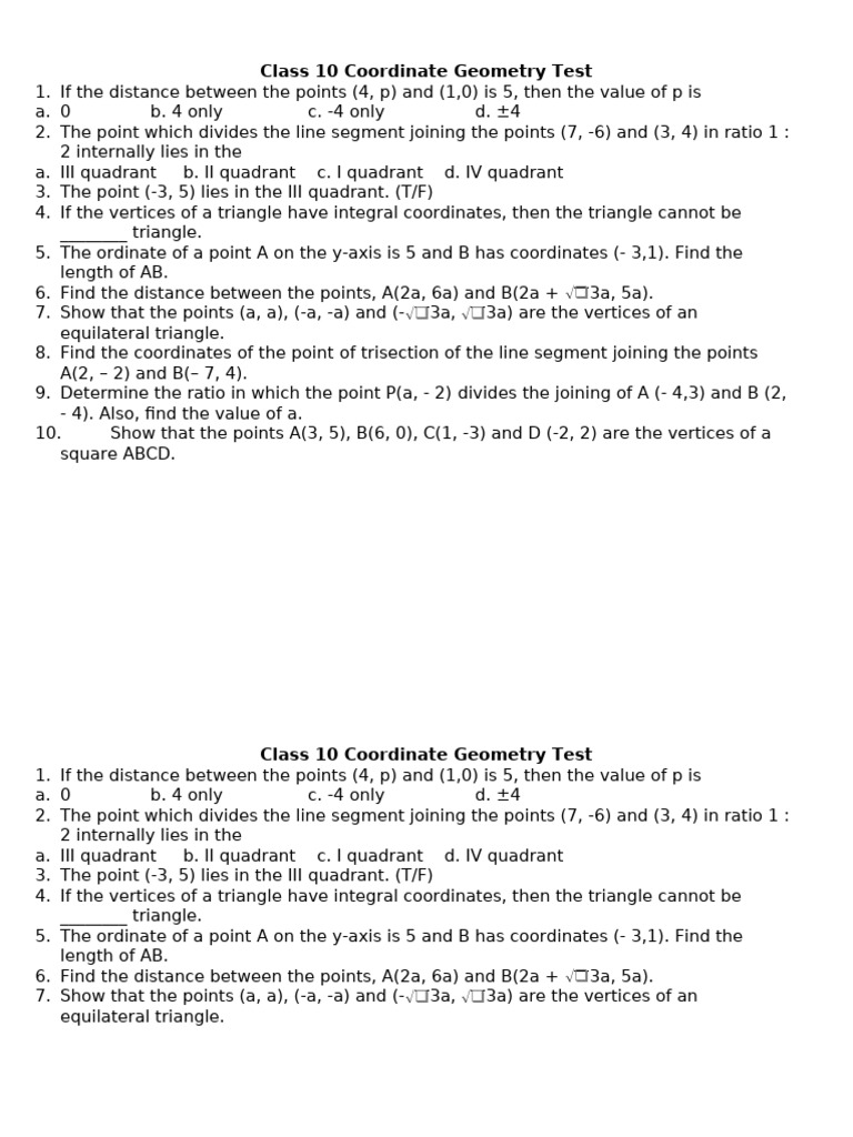 Class 10 Coordinate Geometry Test | PDF