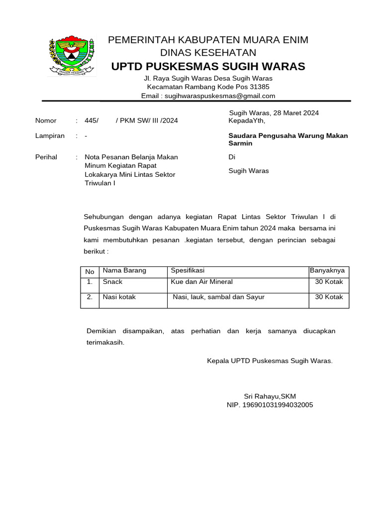 Nota Pesanan Linsek | PDF