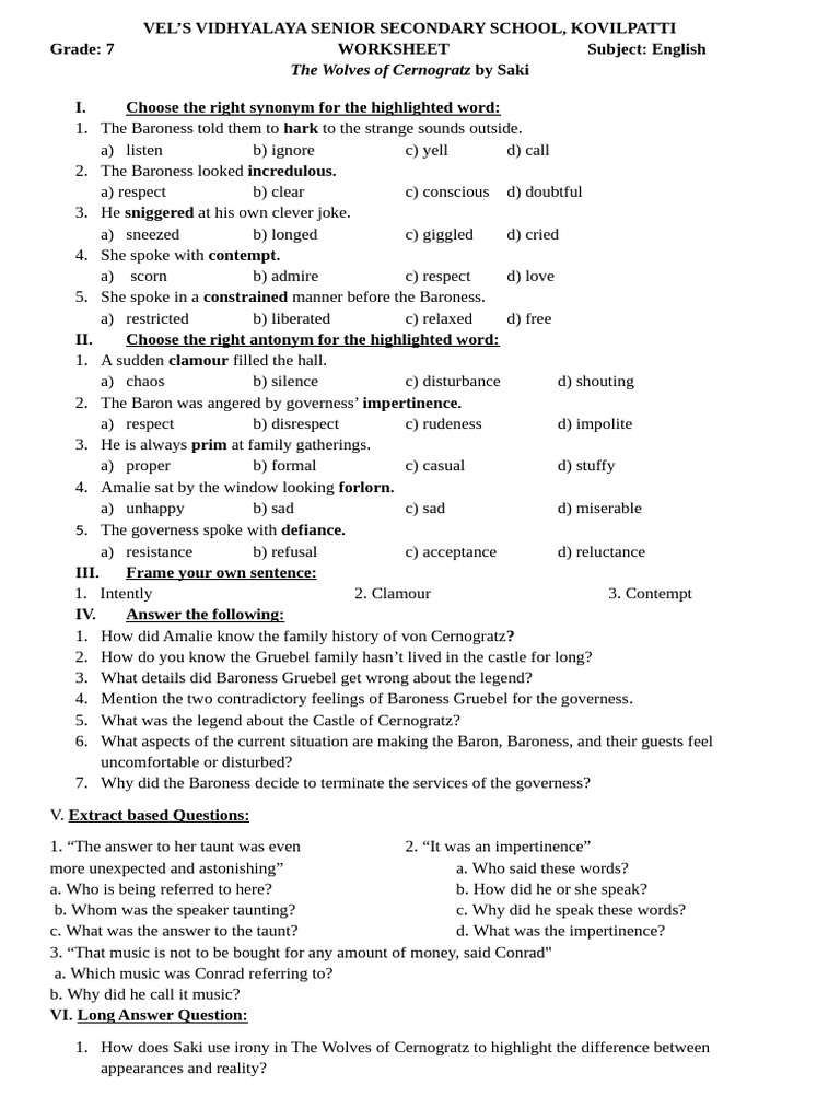 Grade 7 English Worksheet: Wolves of Cernogratz | PDF