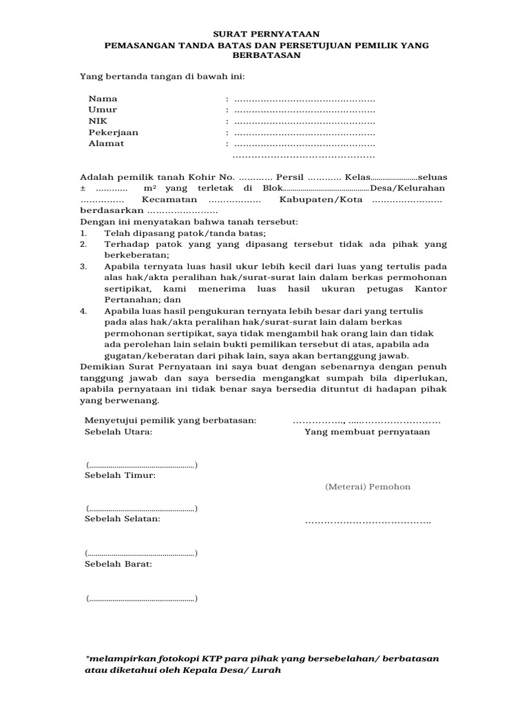 Surat Pernyataan Pemasangan Tanda Batas | PDF