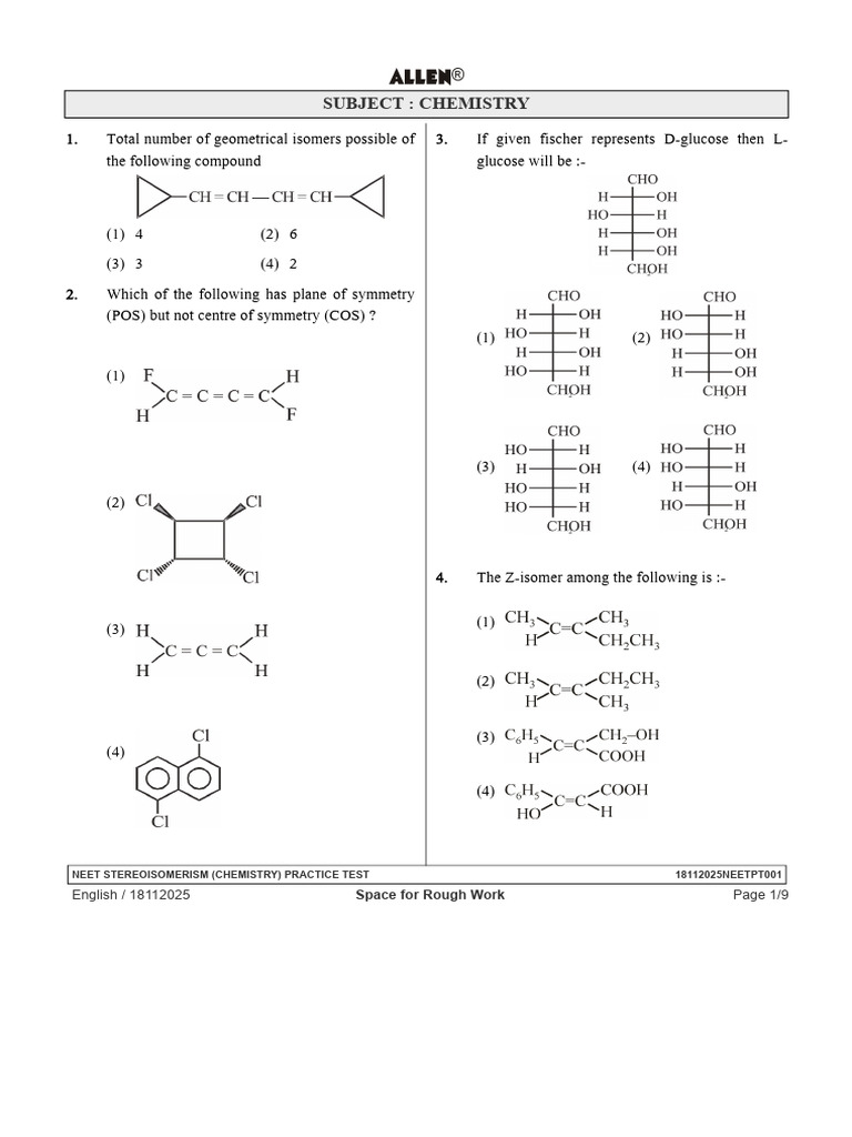 NEET Chemistry: Stereoisomerism Test | PDF | Isomer | Chirality (Chemistry)