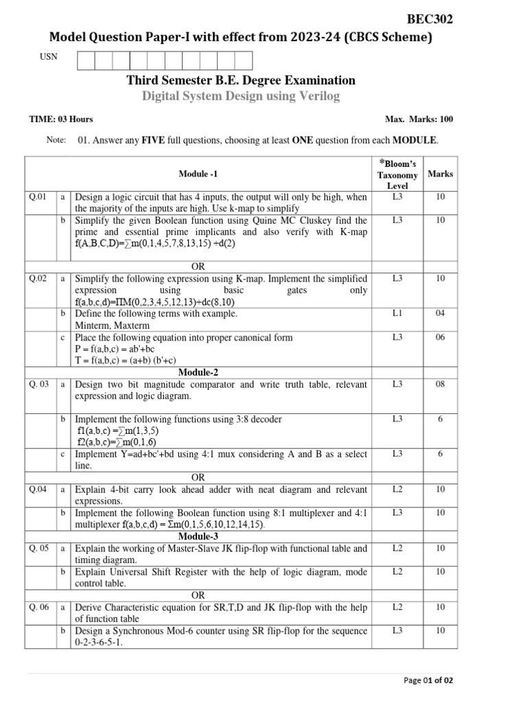Model Question Paper Verilog BEC302 | PDF | Electronic Design | Digital ...
