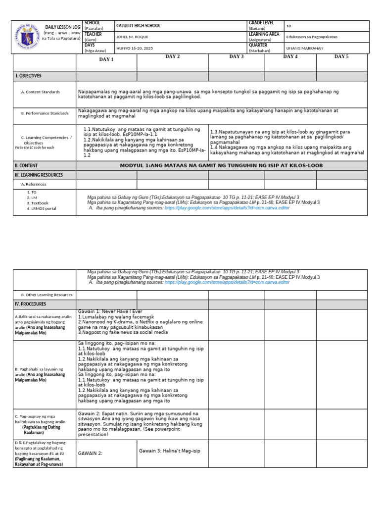 REVISED-ESP-10-DLL-SY2024-2025 (12) | PDF