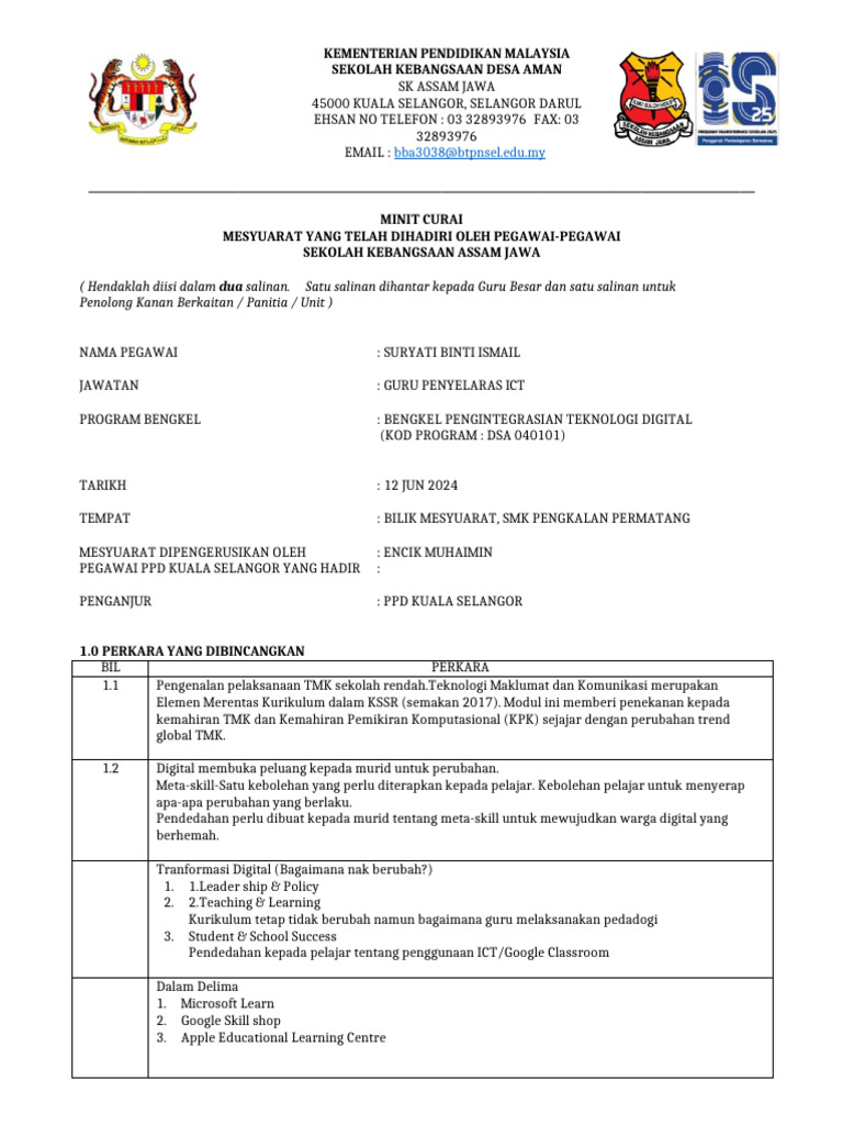 Minit Curai Bengkel Penintegrasian Teknologi Digital | PDF