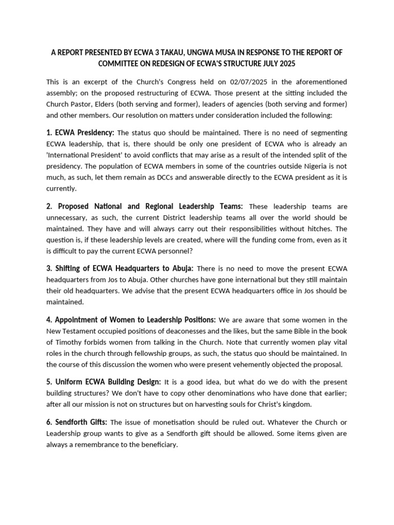 A Report On Ecwa Restructuring Ecwa 3 Ungwa Musa - 044750 | PDF | Cost ...