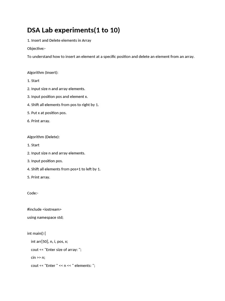 DSA Lab Experiments (1 To 10) | PDF | Namespace | Algorithms And Data Structures