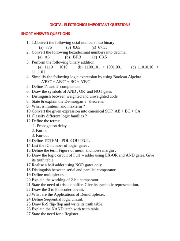Key Questions on Digital Electronics Concepts | PDF | Logic Gate ...