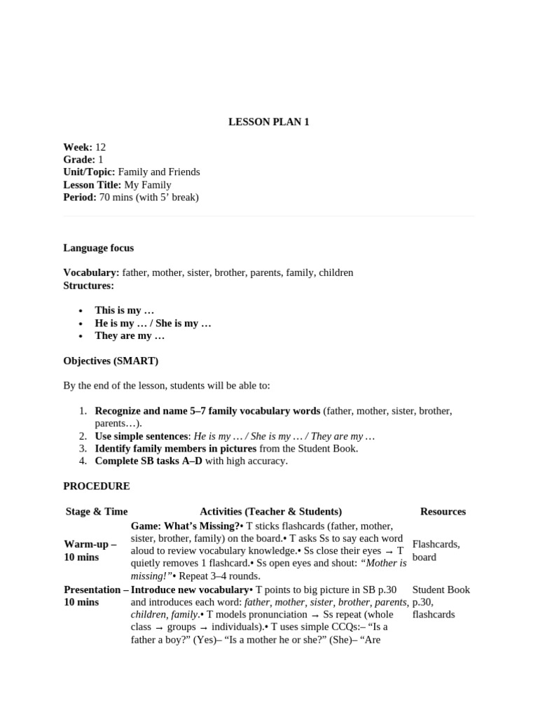 Family and Friends Lesson Plans | PDF | Vocabulary | Lesson Plan