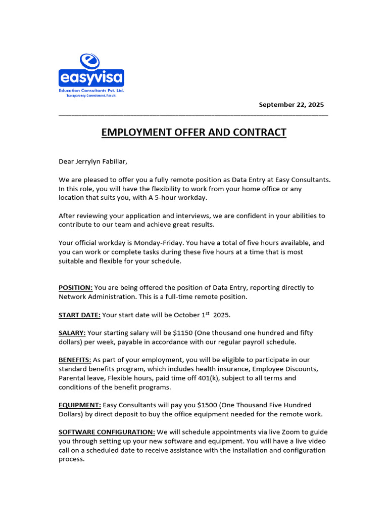 Offer Contract Letter-Jerrylyn Fabillar | PDF | Salary | Employment