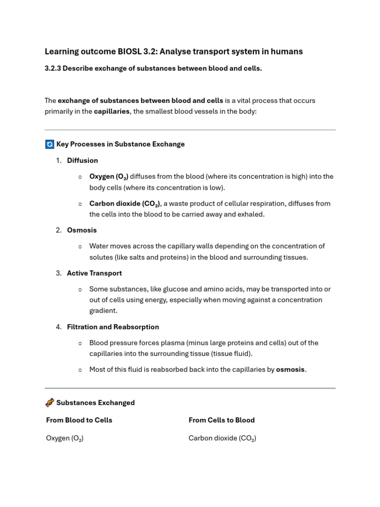 3.2.3 Describe Exchange of Substances Between Blood and Cells. | PDF | Blood | Capillary