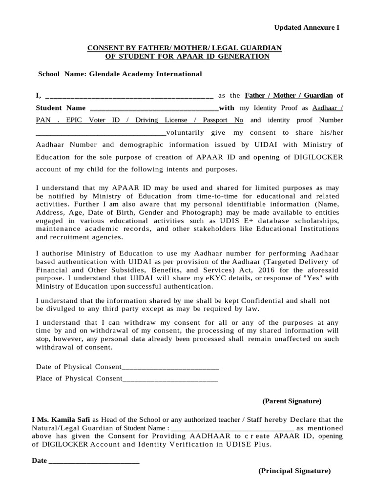Consent Form for APAAR ID Generation | PDF | Government And Personhood ...