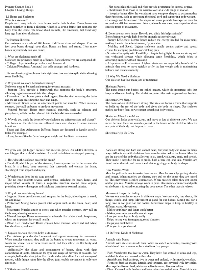 Chapter 1 Living Things (Primary Science Book 4) | PDF | Skeleton | Bone