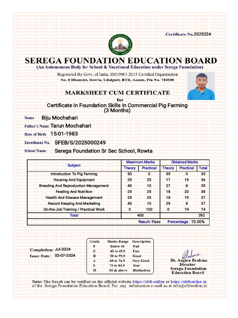 Marksheet - (SFEB - S - 2025000249) | PDF