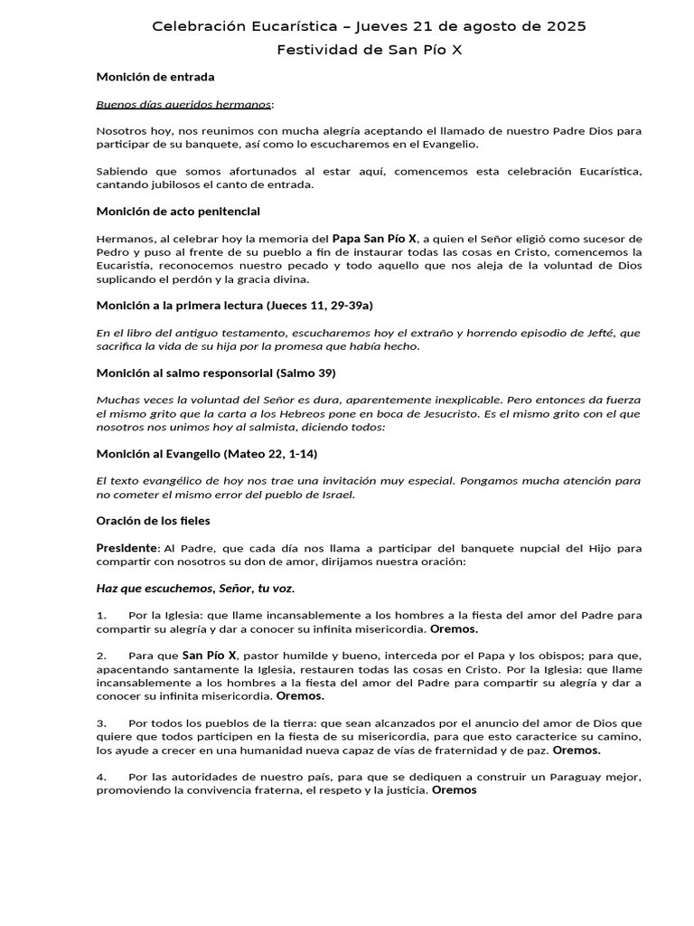 Misa - Festividad de San Pío X | PDF | eucaristía | Contenido bíblico