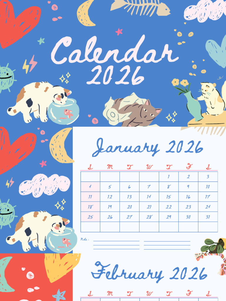 Blue Red and Cream Illustrated Cats 2026 Calendar - 20251119 - 193822 ...