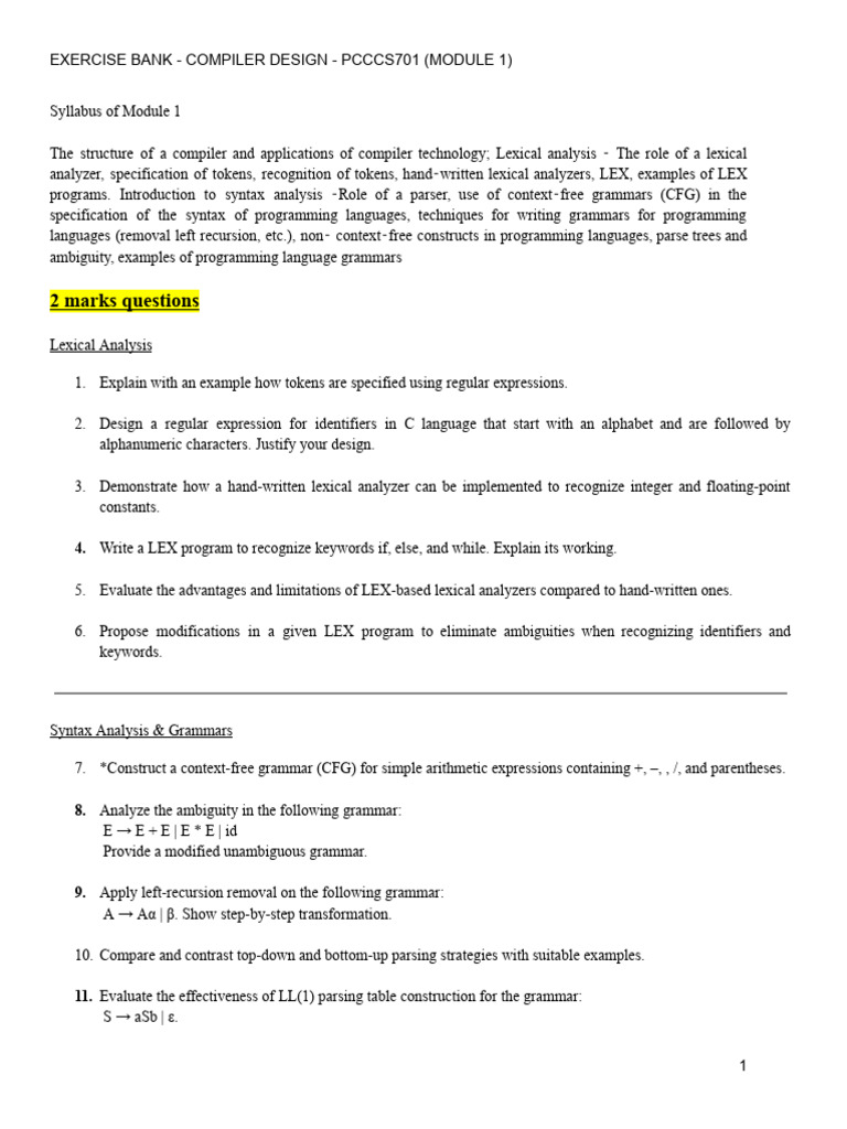 Module 1 - Compiler Design - PCCCS701 | PDF | Parsing | Compiler