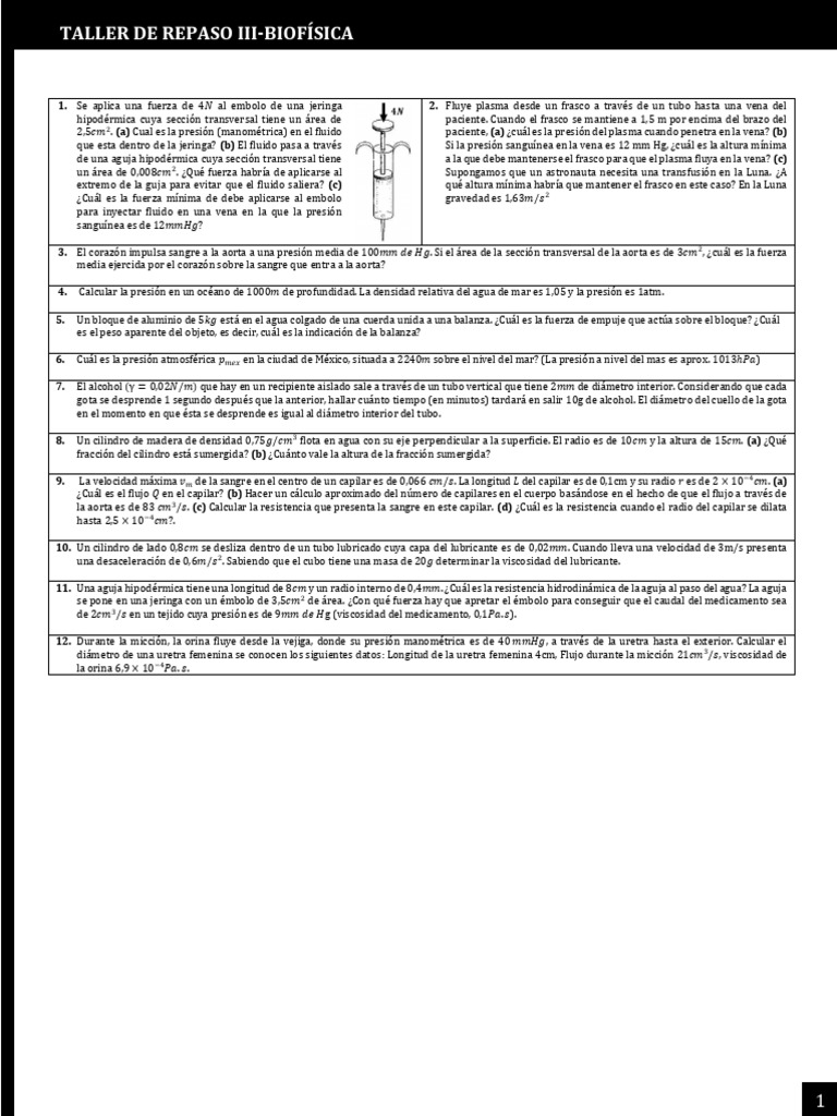 Taller de Repaso III Biofisica | PDF | Presión | Capilar