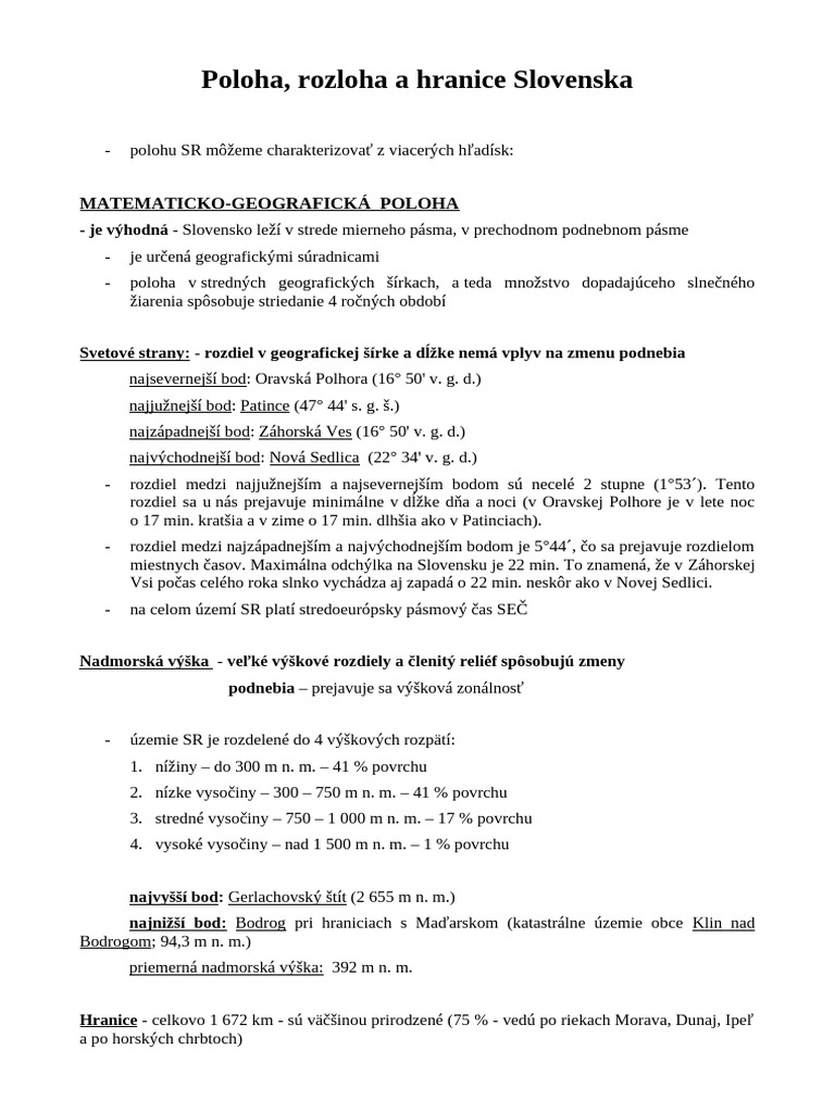 Slovensko - Poloha, Rozloha a Hranice - Učebný Text | PDF