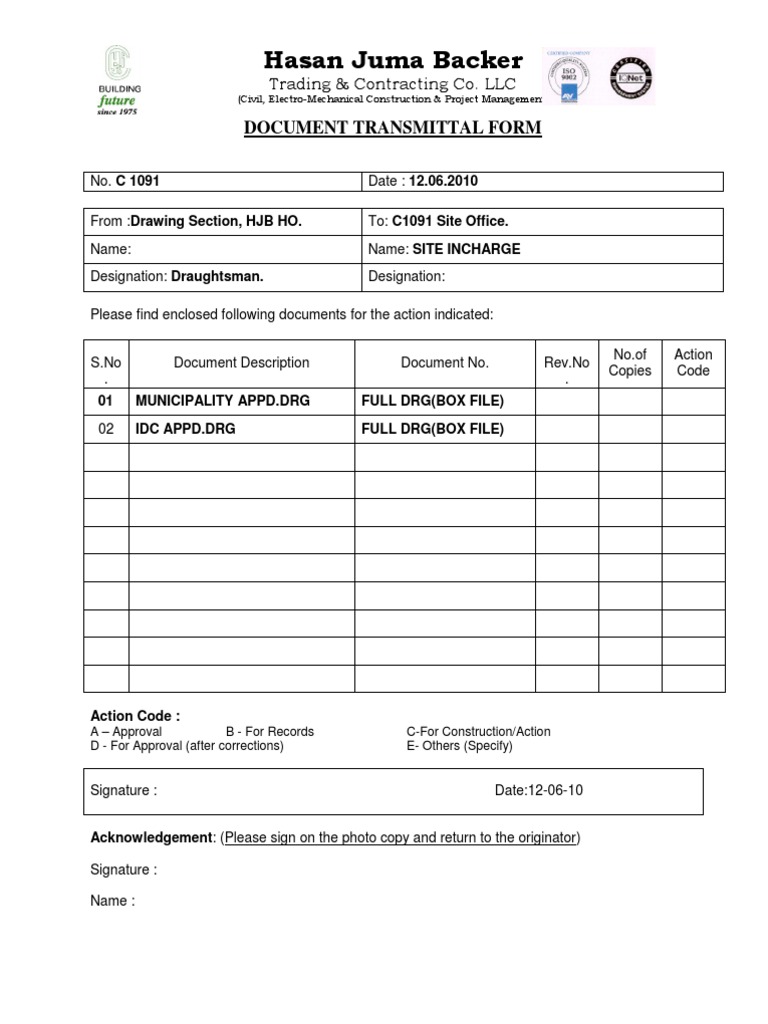 Hasan Juma Backer: Document Transmittal Form | PDF | Technical Drawing | Communication Design