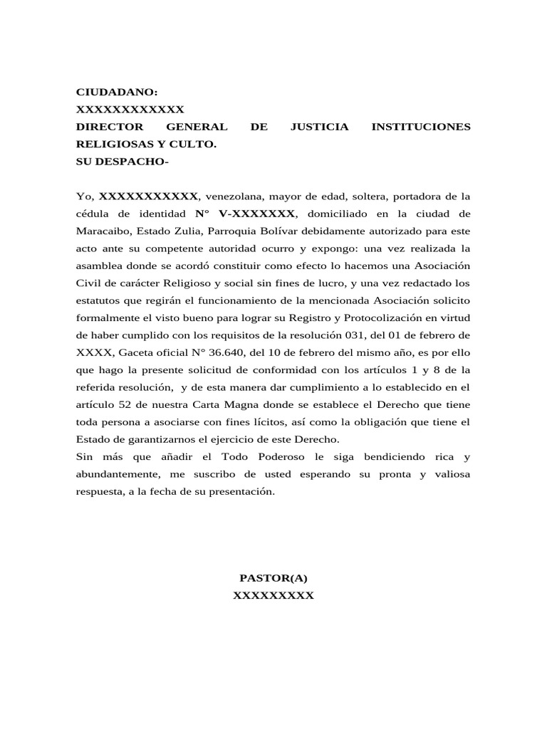 Solicitud Al Director General de Justicia Instituciones Religiosas Y Culto para Registrar ...