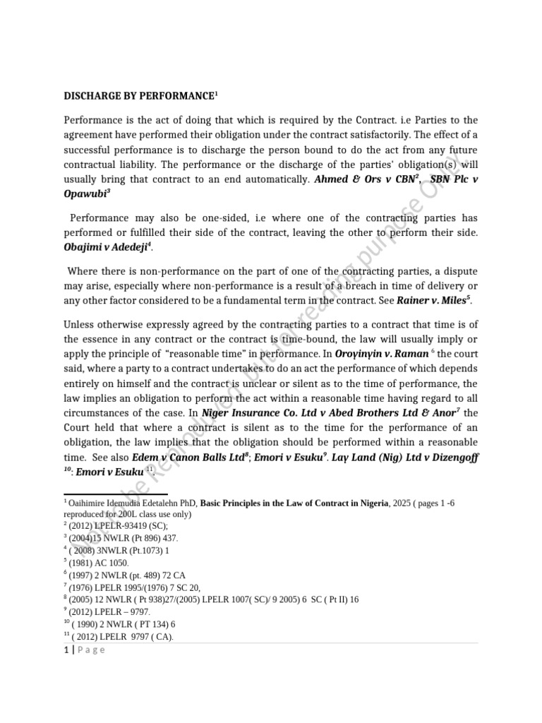 Discharge of Contract by Performance | PDF | Breach Of Contract | Legal ...