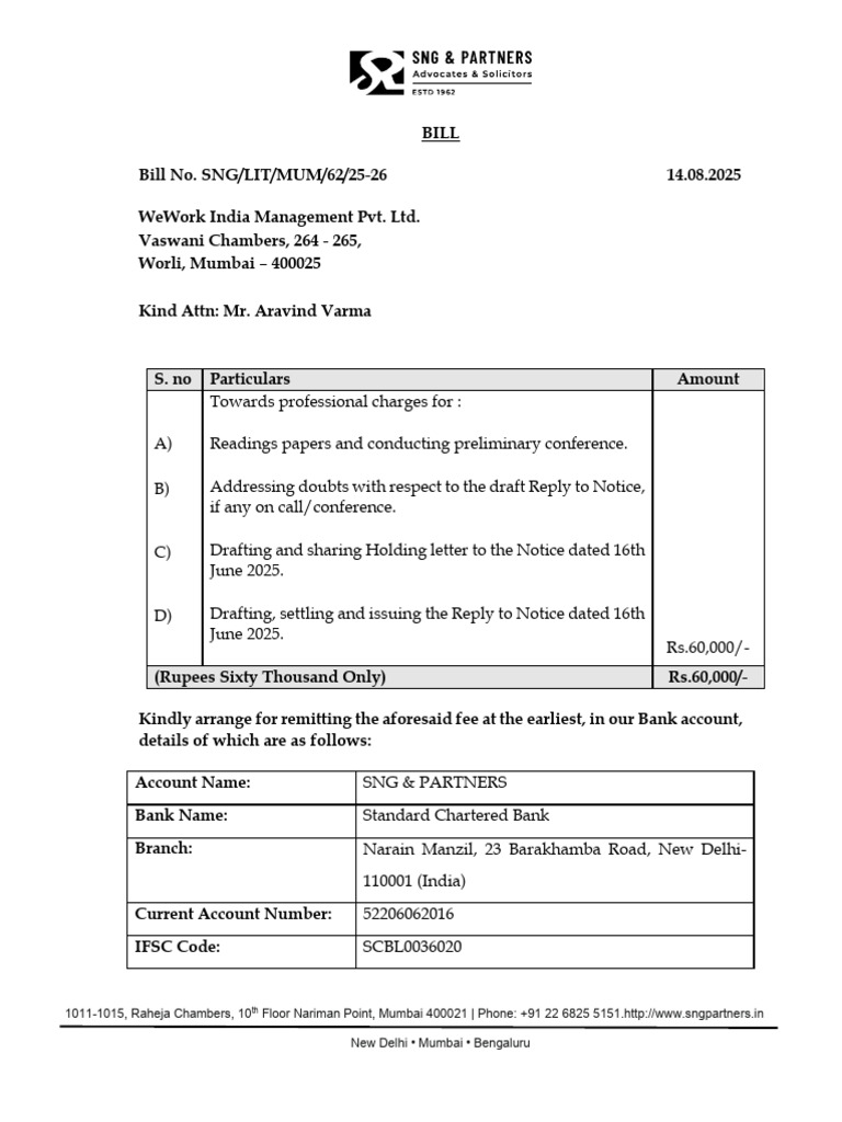 Bill No.62-SNG-LIT-WeWork India Management Pvt. Ltd. | PDF | Economy Of ...