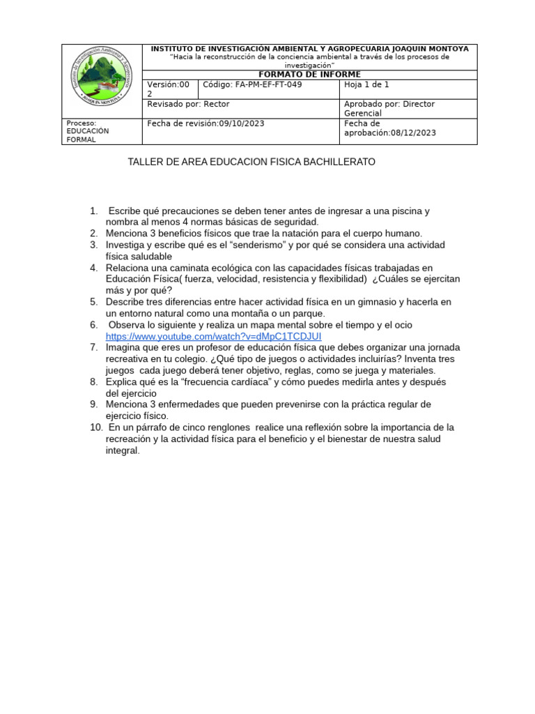 Taller Especifico de Area Educacion Fisica Bachillerato | PDF