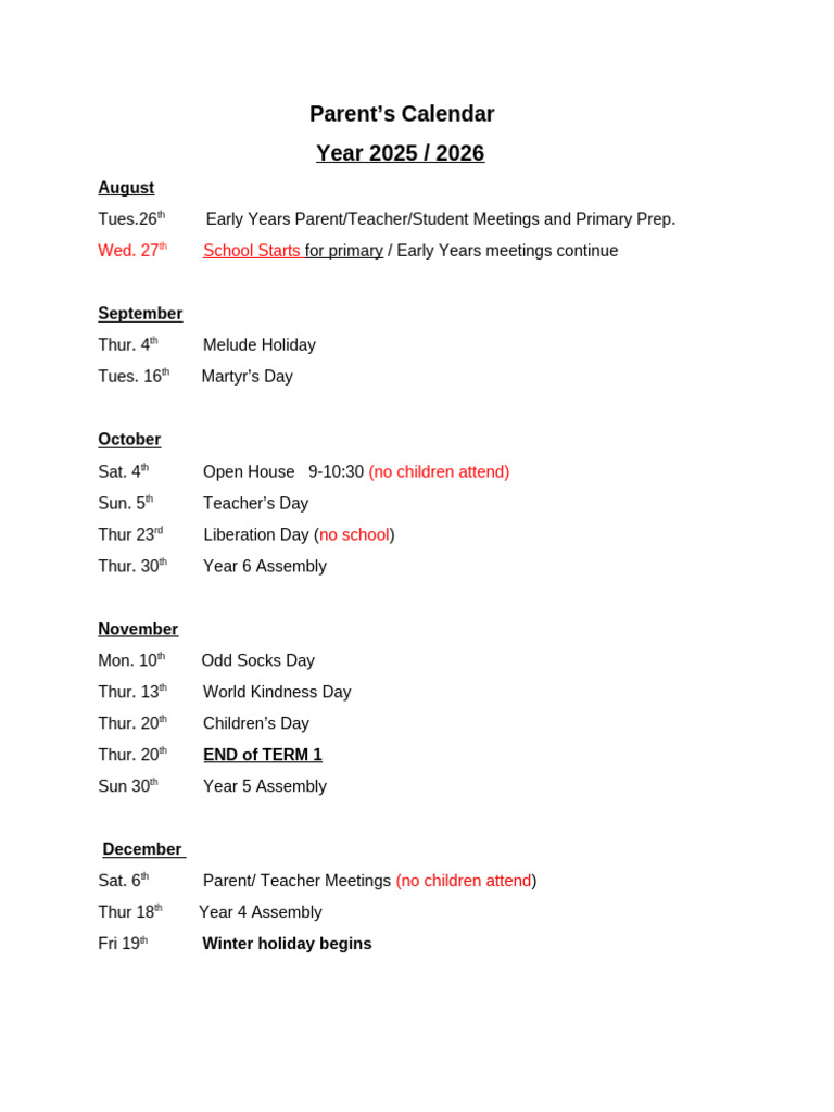 2025-2026 Parent's School Calendar | PDF