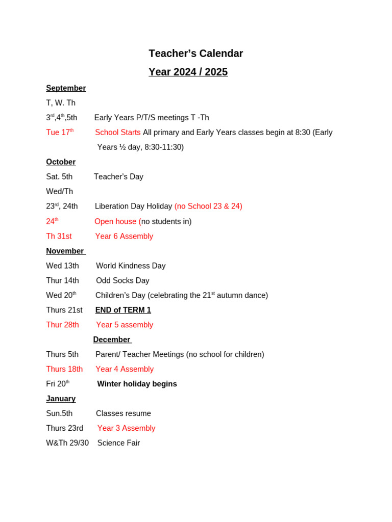 2024-2025 Teacher's Calendar Overview | PDF