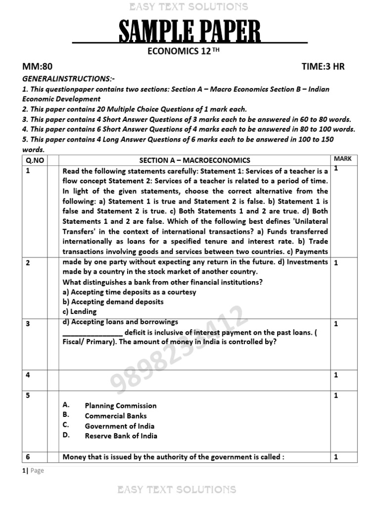 Grade 12 Eco Sample Paper | PDF | Government Budget Balance | Foreign ...